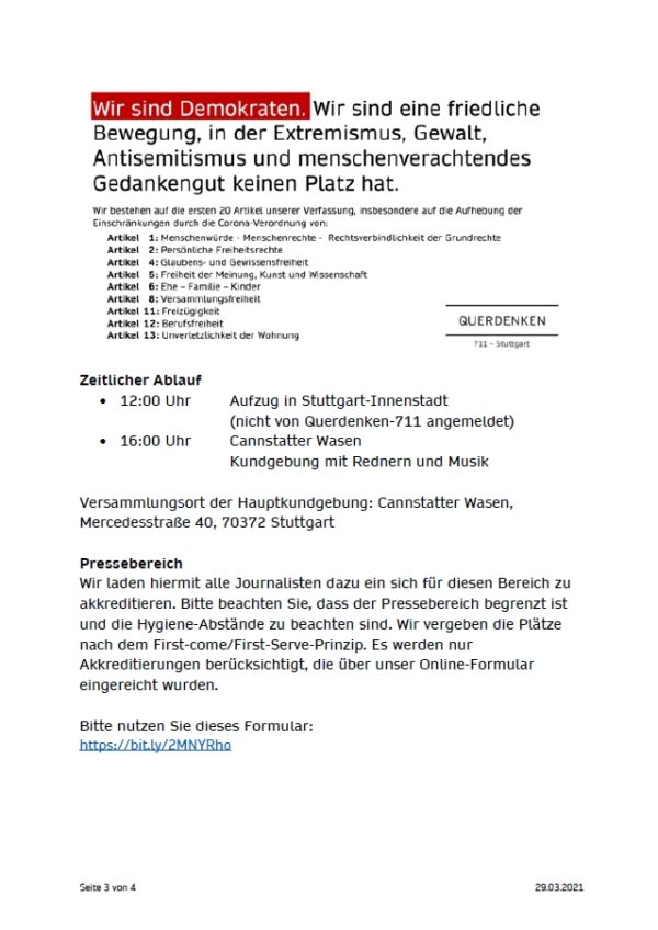 Pressemitteilung Querdenken-711 zur Demonstration am 3 April in ... Pressemitteilung Querdenken-711 zur Demonstration am 3 April in ...